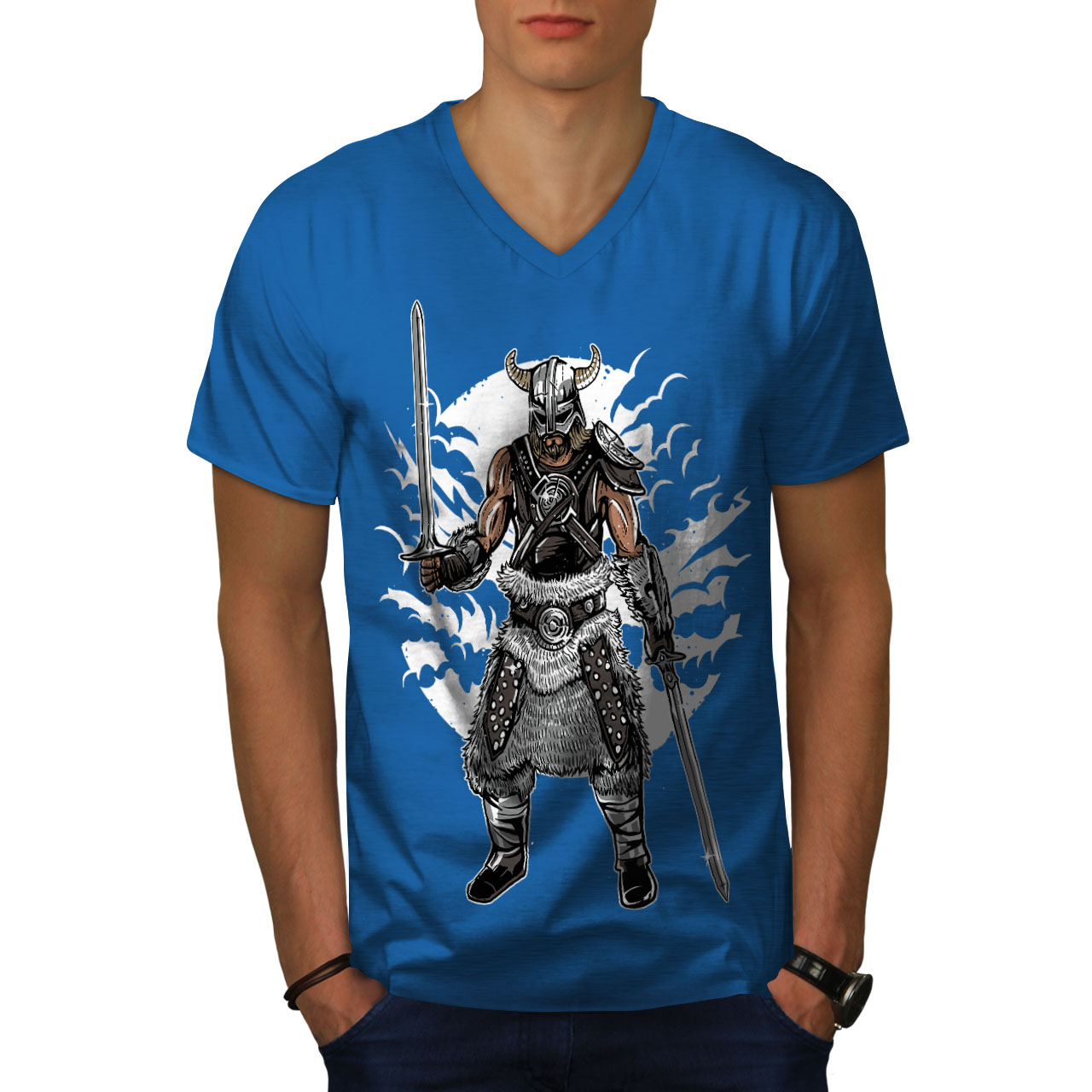 Wellcoda North Warrior Mens V Neck T Shirt Knight Graphic Design Tee