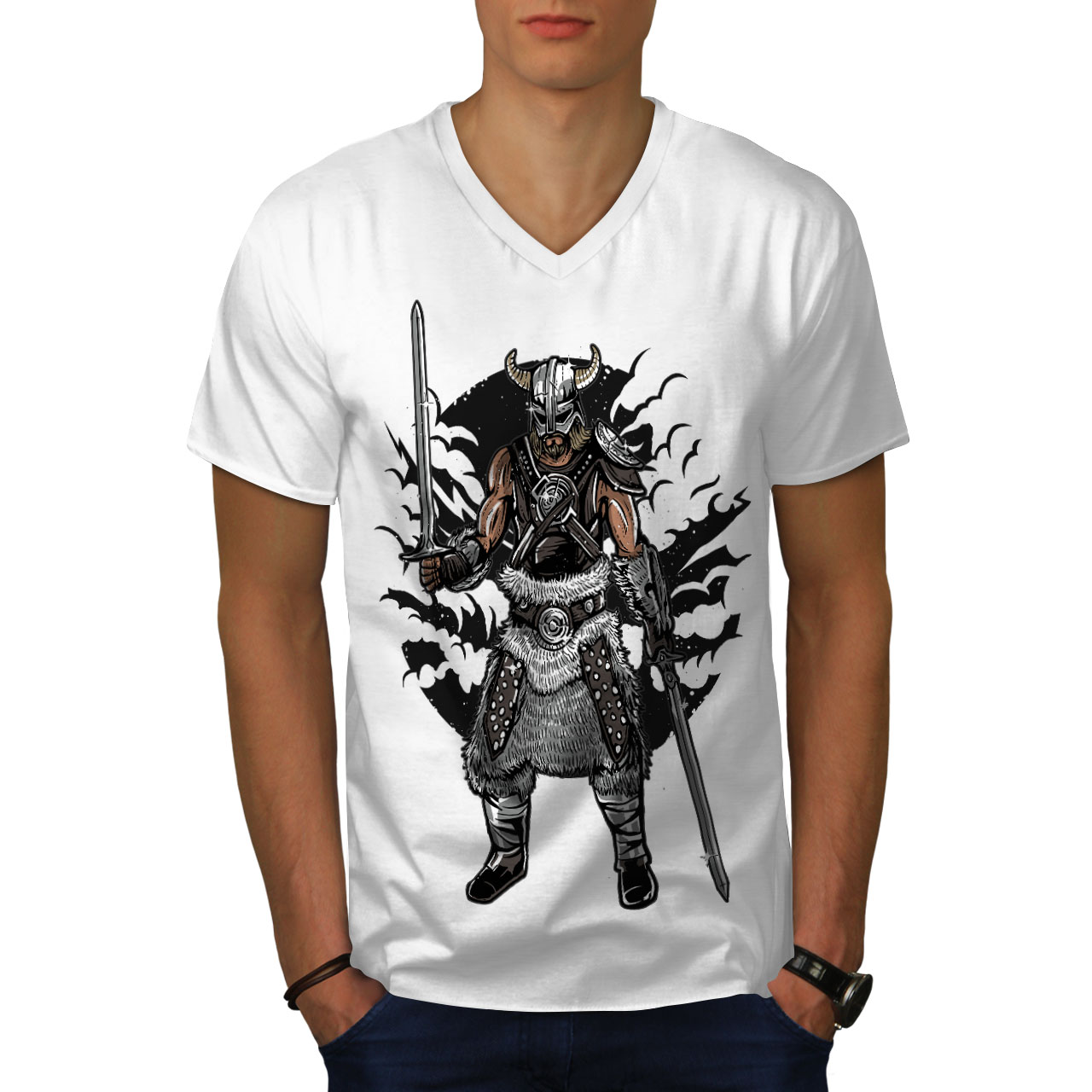 Wellcoda North Warrior Mens V Neck T Shirt Knight Graphic Design Tee