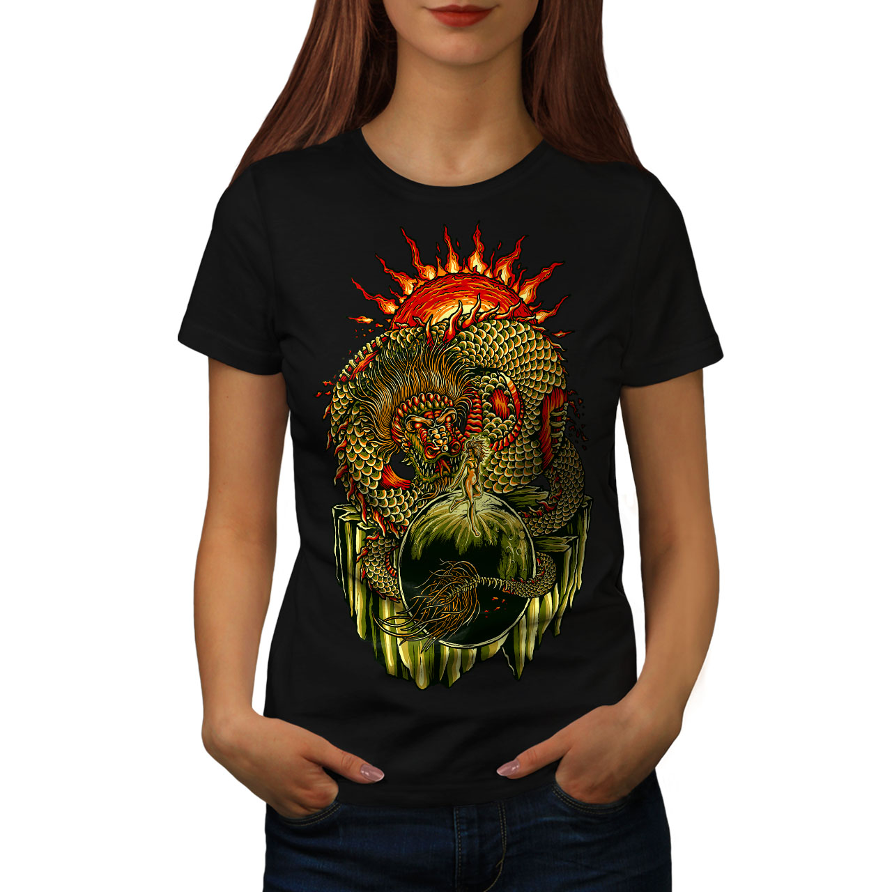 Wellcoda Chinese Dragon Womens T Shirt Asian Art Casual Design Printed