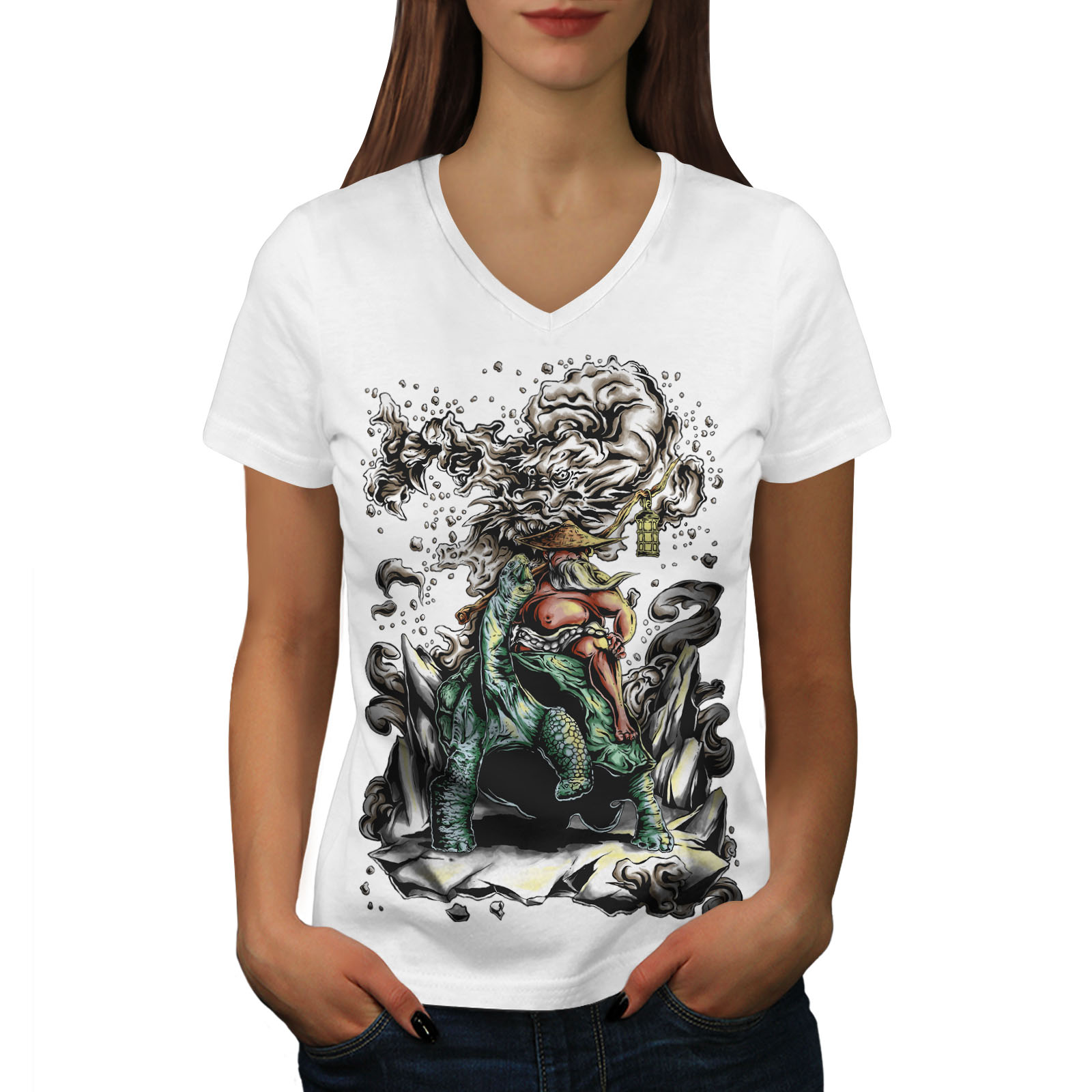 Wellcoda Chinese Dragon Art Womens V Neck T Shirt Asian Graphic Design