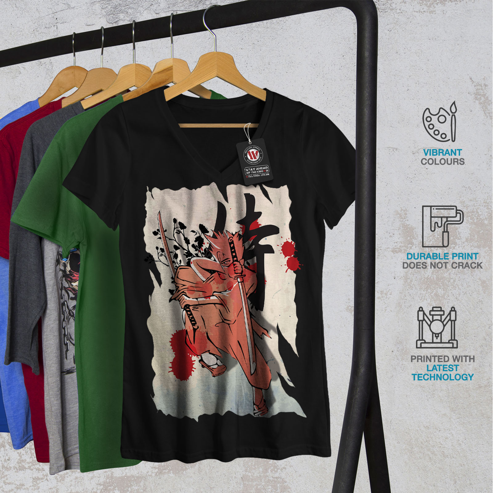 Wellcoda Fantasy Katana Japan Womens V Neck T Shirt Anime Graphic