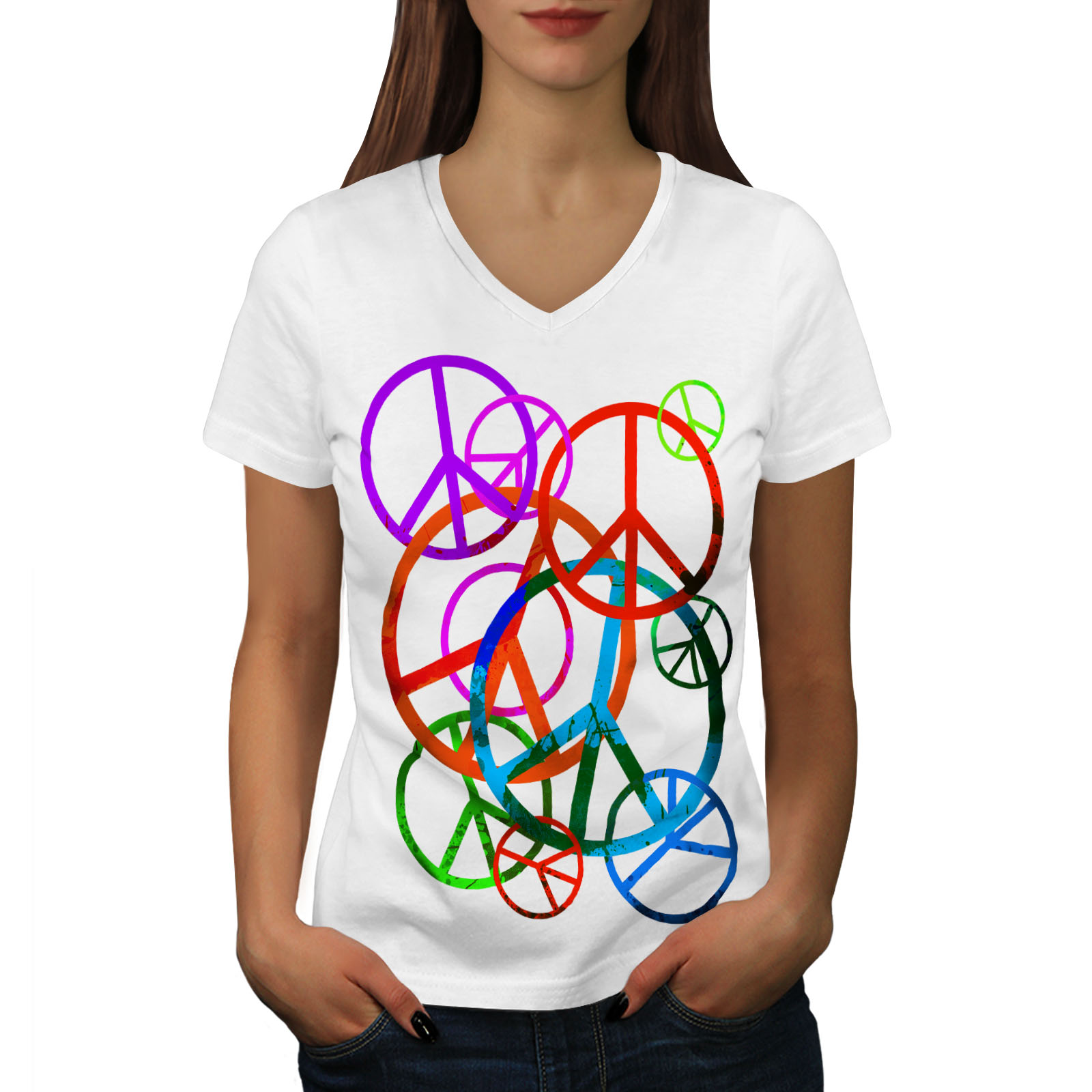 Wellcoda Peace And Love Only Womens V Neck T Shirt Hippie Graphic