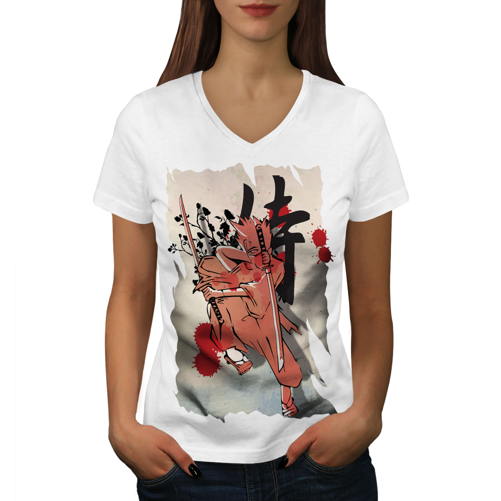 Wellcoda Fantasy Katana Japan Womens V Neck T Shirt Anime Graphic